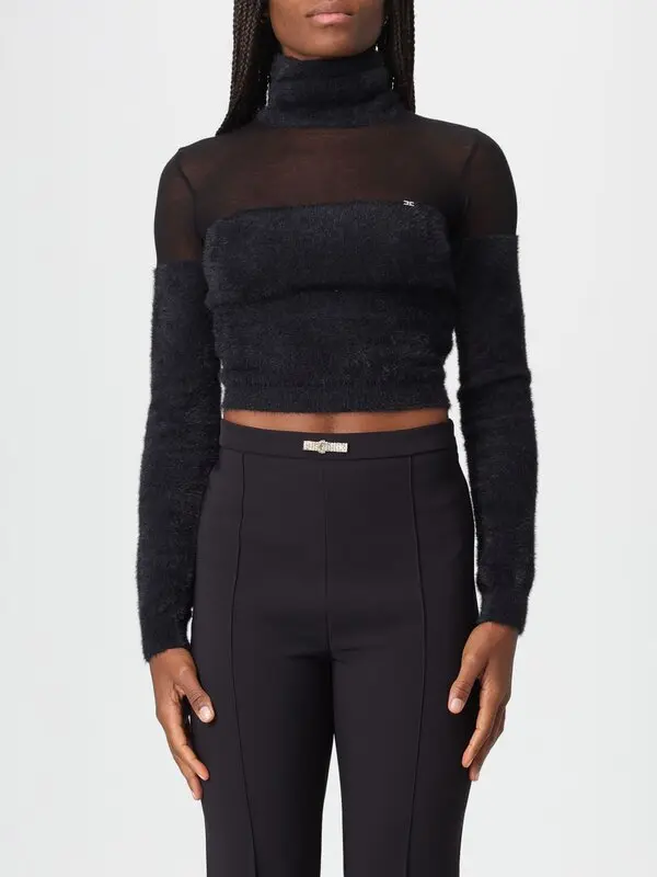 Elisabetta Franchi Cropped Turtleneck Sweater With Textured Panels - Black