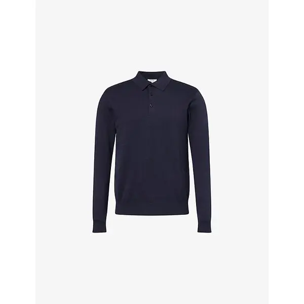 ARNE Regular-fit Long-sleeves Cotton-knit Polo Shirt - Navy