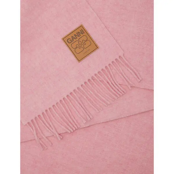 GANNI Logo-patch Fringed Double Wool Scarf