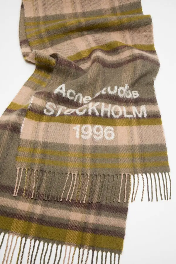 Acne Studios Check Logo Scarf Wide - Olive Green,grey