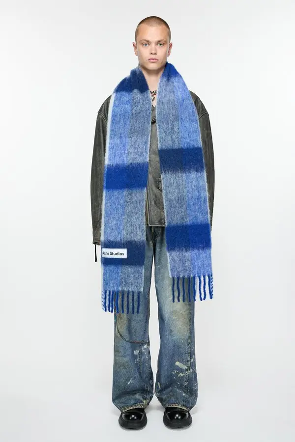 Acne Studios Mohair Checked Scarf - White,grey,royal Blue
