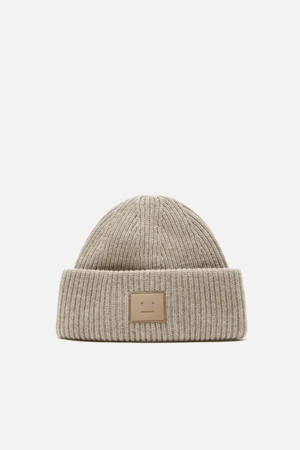 Acne Studios Ribbed Face Logo Beanie - Greige Melange