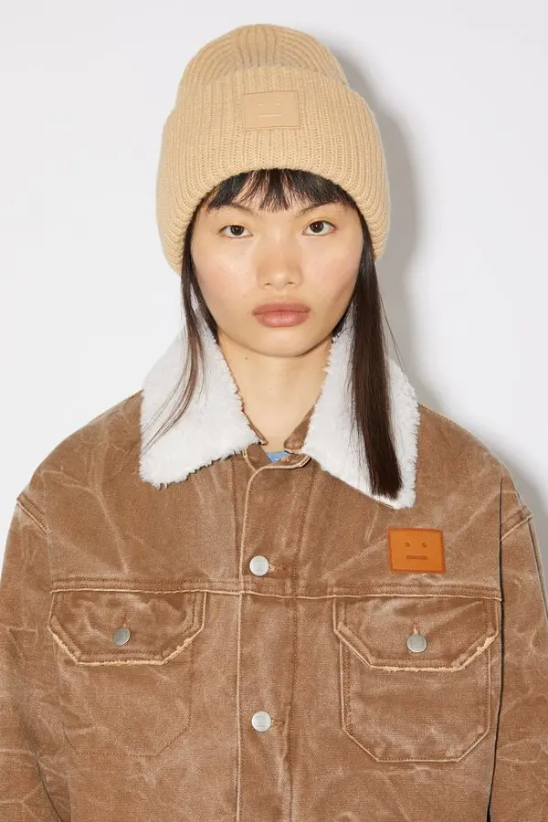 Acne Studios Knit Beanie With Embroidered Face Logo - Biscuit Beige