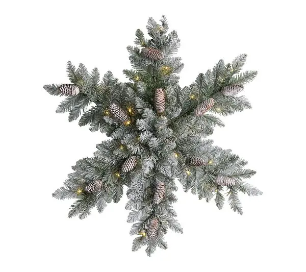 NEARLY NATURAL 30' Flocked Lit Snowflake Dunhil L Fir Wreath - One-color