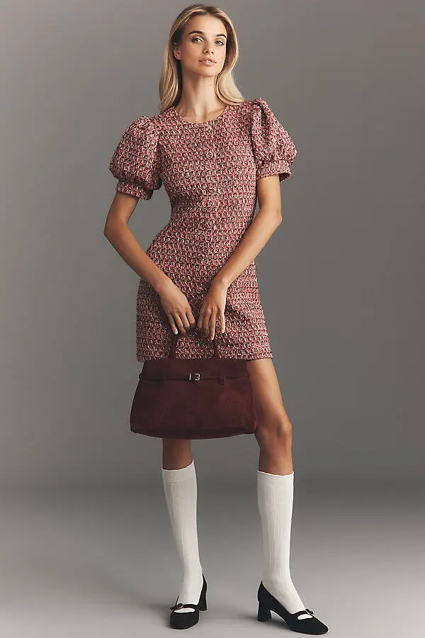 Endless Rose Puff-sleeve Tweed Mini Dress