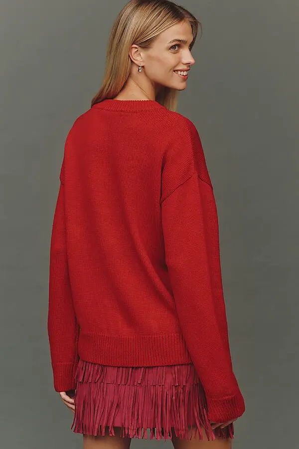 English Factory Ribbed Hem Graphic Pullover - Red Pattern