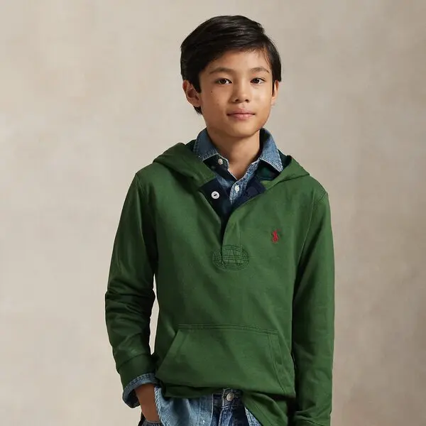 Ralph Lauren Plaid-trim Hooded Rugby Shirt - Bottle Green