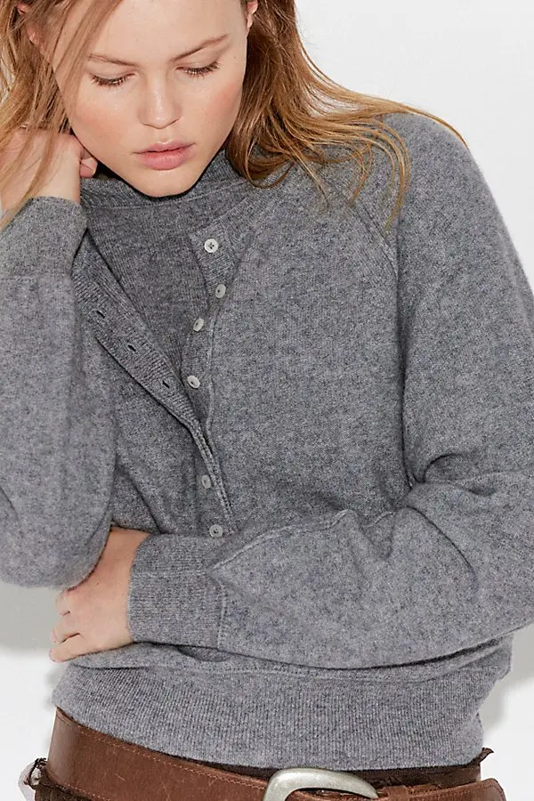 Free People Porta Cashmere Henley Sweater - Cloudy