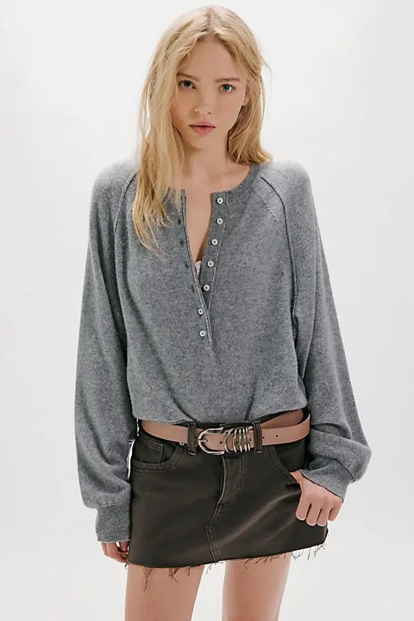 Free People Porta Cashmere Henley Sweater - Cloudy