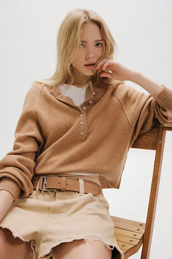 Free People Porta Cashmere Henley Sweater - Light Rosewood