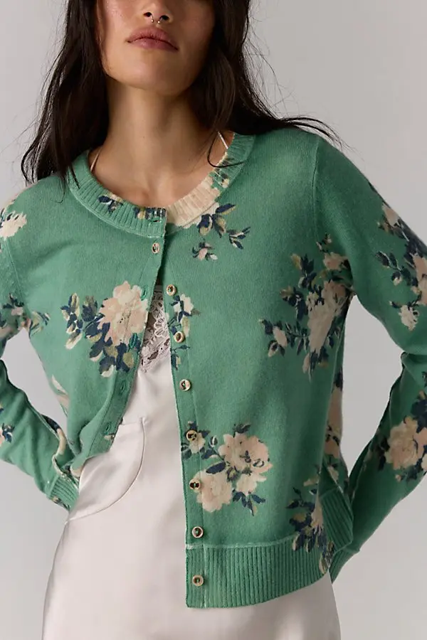 Free People Patterned Cashmere Cardi - Celadon Combo