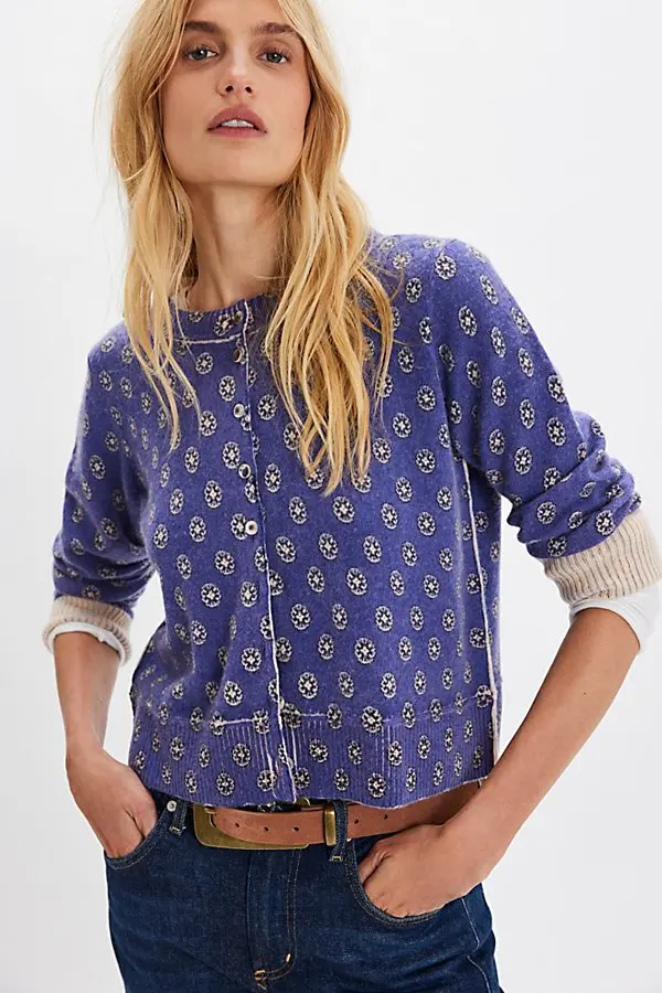 Free People Patterned Cashmere Cardigan - Royal Navy Combo