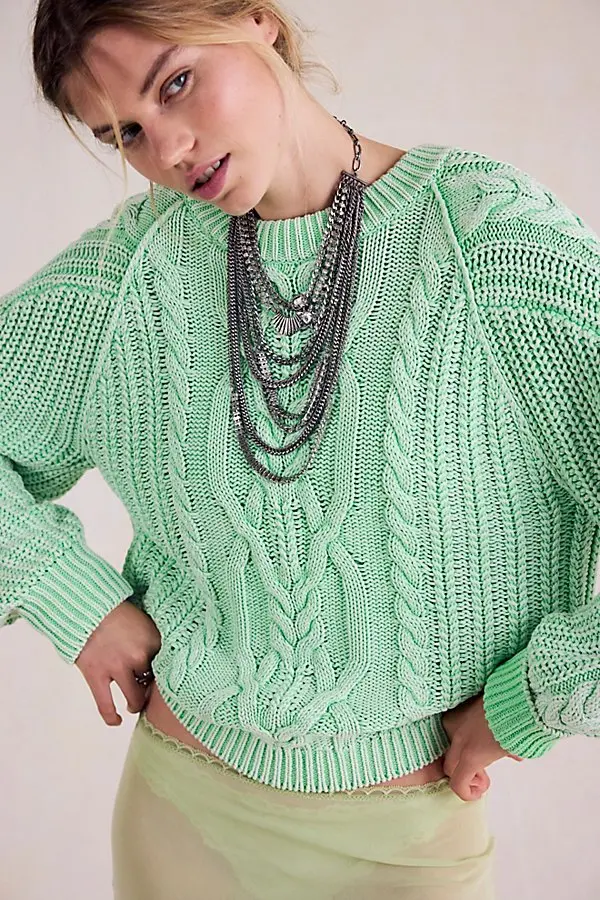 Free People Cable Knit Sweater - Patina Green
