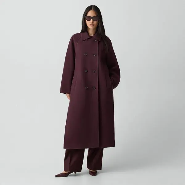 Theory Long Double-breasted Coat In Wool-cashmere - Plum