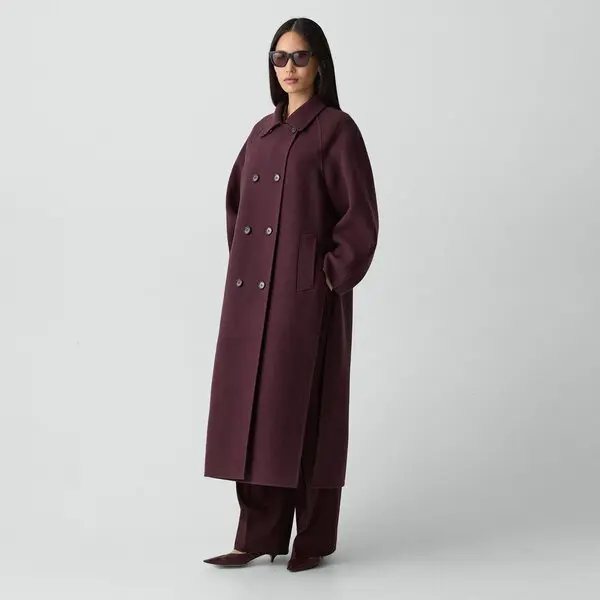 Theory Long Double-breasted Coat In Wool-cashmere - Plum