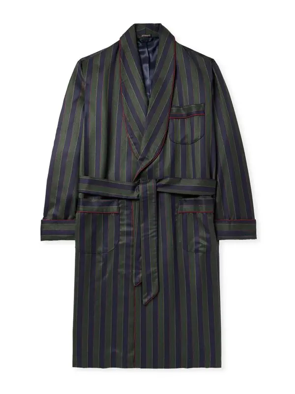 Rubinacci Belted Striped Wool And Cashmere-blend Robe - Green