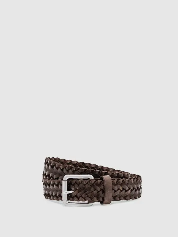 REISS Carlton Woven Leather Belt - Chocolate