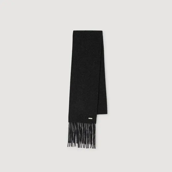 Sandro Fringed Wool Scarf - Heather Charcoal
