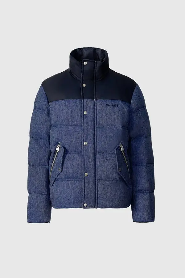 Mackage Down-filled Denim Jacket With Stand Collar - Medium Denim