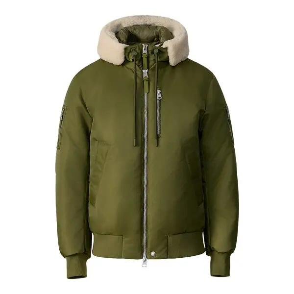 Mackage August Bomber Jacket With Shearling-trimmed Hood - Light Military