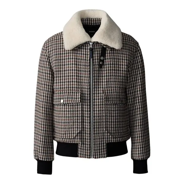 Mackage Rhett-ht Houndstooth Wool Bomber With Shearling Collar