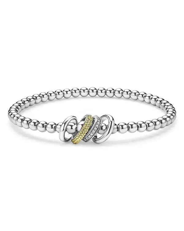 Lagos 18k Yellow Gold & Sterling Caviar Lux Diamond Four Ring Stretch Bracelet - Silver