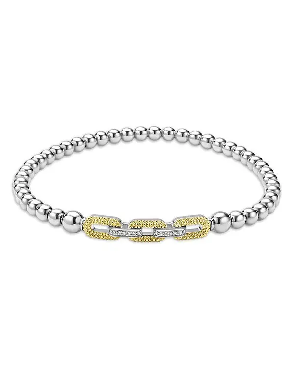 Lagos 18k Yellow Gold And Sterling Caviar Lux Diamond Beaded Stretch Bracelet - Silver