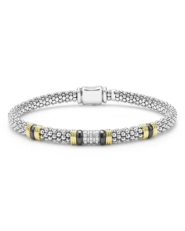 Lagos 18k Yellow Gold, Sterling Diamond & Black Ceramic Station Bracelet - Silver
