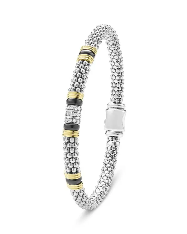 Lagos 18k Yellow Gold, Sterling Diamond & Black Ceramic Station Bracelet