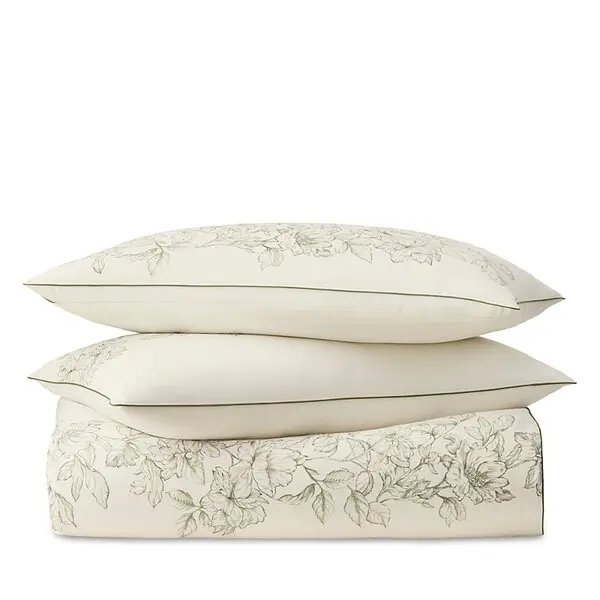 BOLL & BRANCH Signature Etched Peony Piped-edge Duvet Set, Full/queen - Cream/olivine