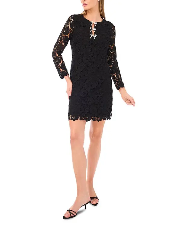 CeCe Bow Trim Floral Lace Dress - Rich Black - 0