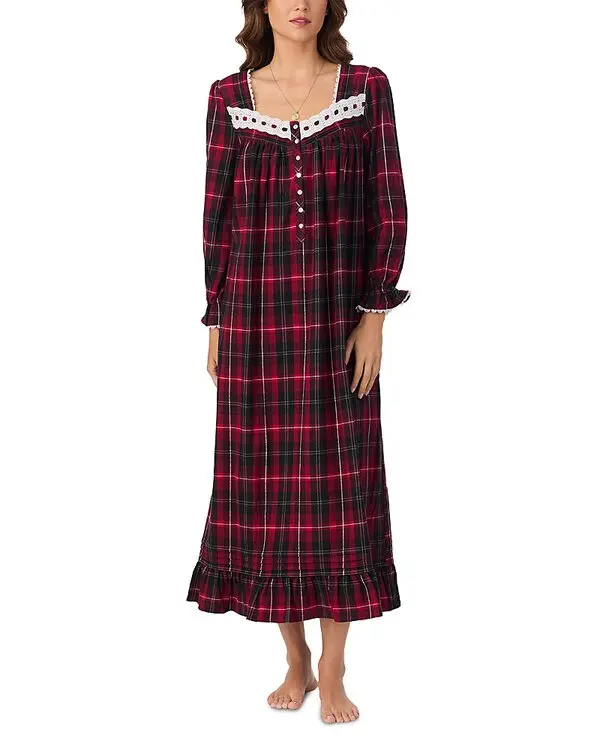 Eileen West Long Sleeve Cotton Flannel Ballet Nightgown - Green Plaid