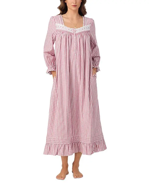 Eileen West Long Sleeve Cotton Flannel Ballet Nightgown - Stripe