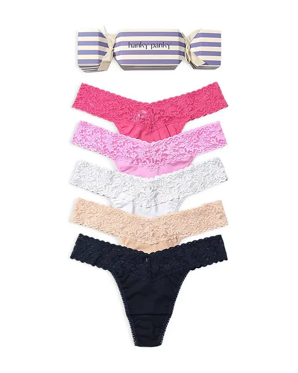 Hanky Panky Signature Lace Original Rise Thong, Pack Of 5 - Wild Pink/lotus Flower Pink/chai/white/d