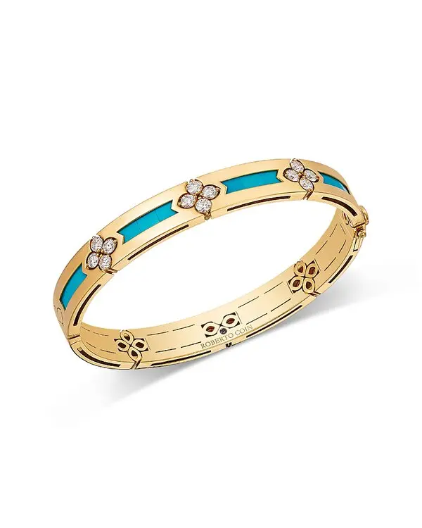 Roberto Coin 18k Yellow Turquoise, And Diamond Flower Bangle Bracelet - Gold/turquoise