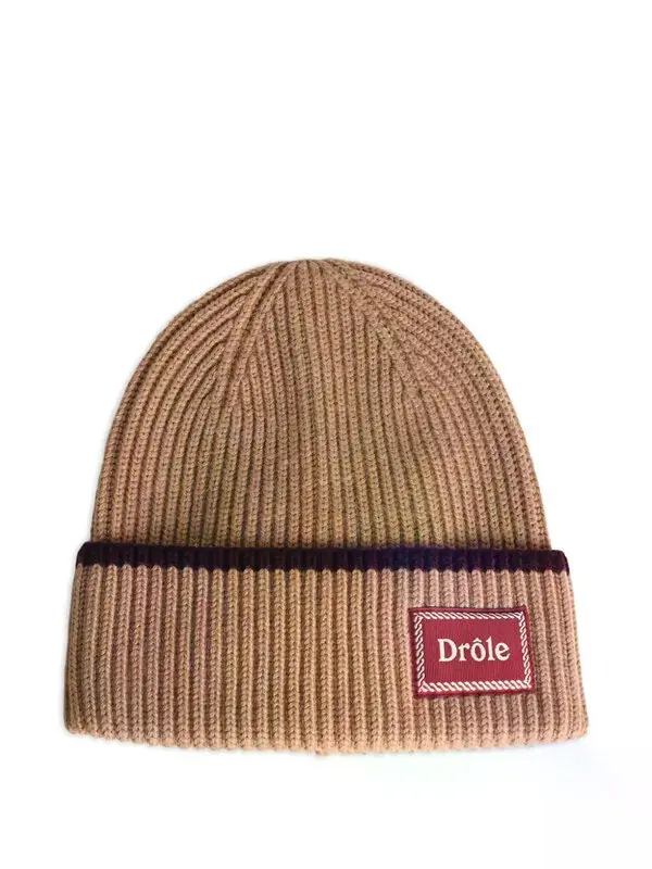 Drole De Monsieur Stripe Woven Label Beanie - Brown