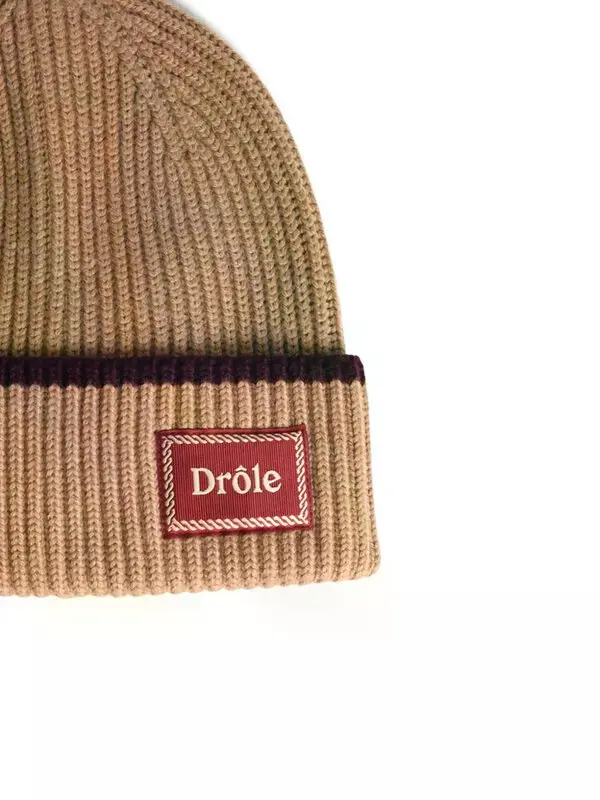 Drole De Monsieur Stripe Woven Label Beanie - Brown