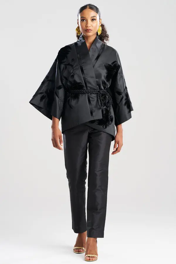 Natori Couture Duchess Satin Kimono Coat With Embroidery