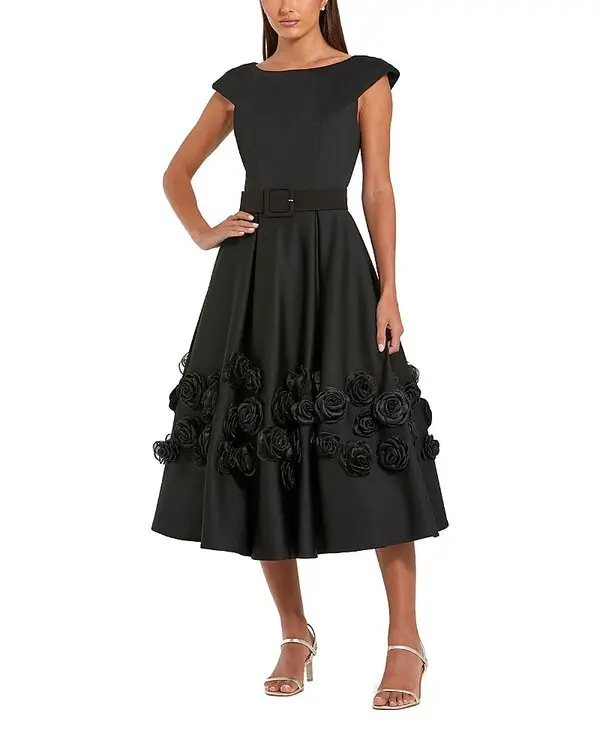 Mac Duggal Satin A-Line Midi Dress With 3d Flowers - Black | Editorialist