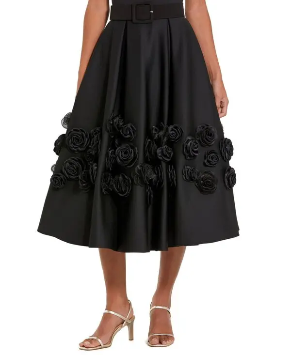Mac Duggal Satin A-line Midi Dress With 3d Flowers