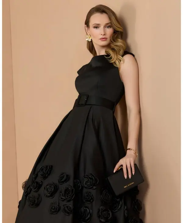 Mac Duggal Satin A-line Midi Dress With 3d Flowers