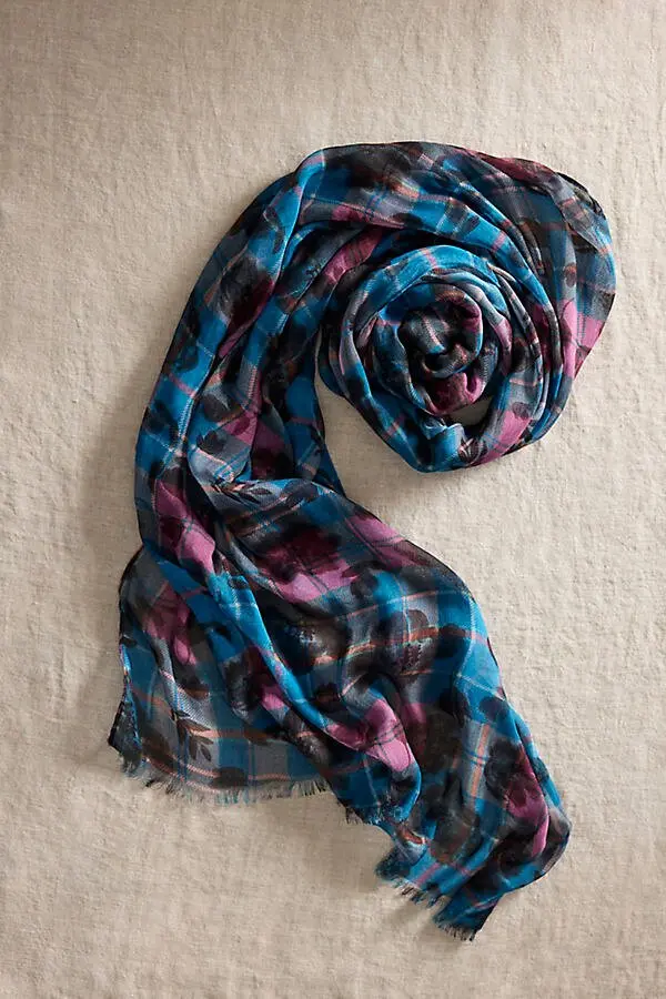 ELIZABETH GILLETT Floral Plaid Scarf - Blue