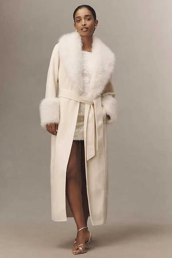 ELLIATT Aria Faux Fur Trim Belted Coat - Ivory