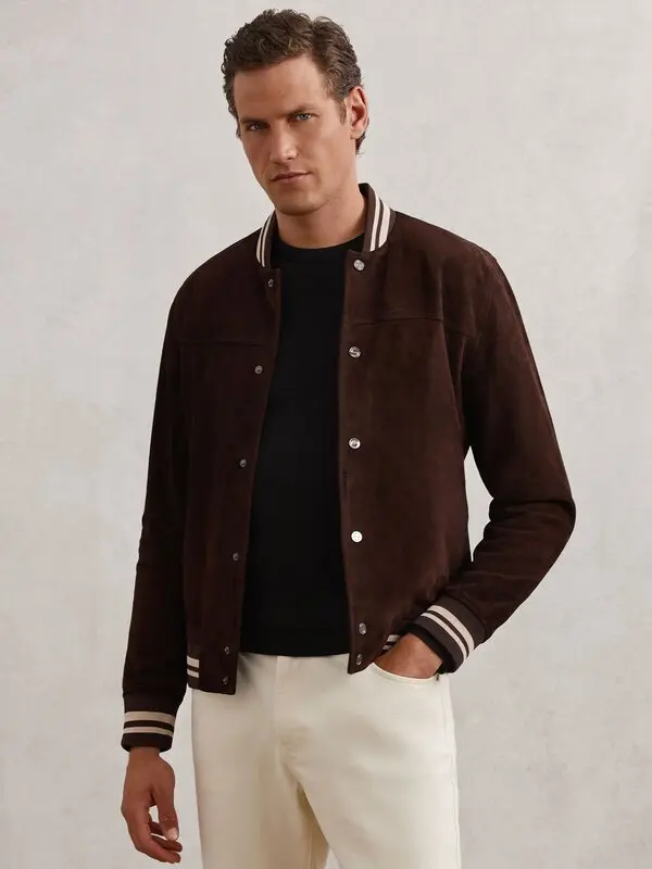 REISS Banridge Suede Bomber Jacket - Chocolate Brown