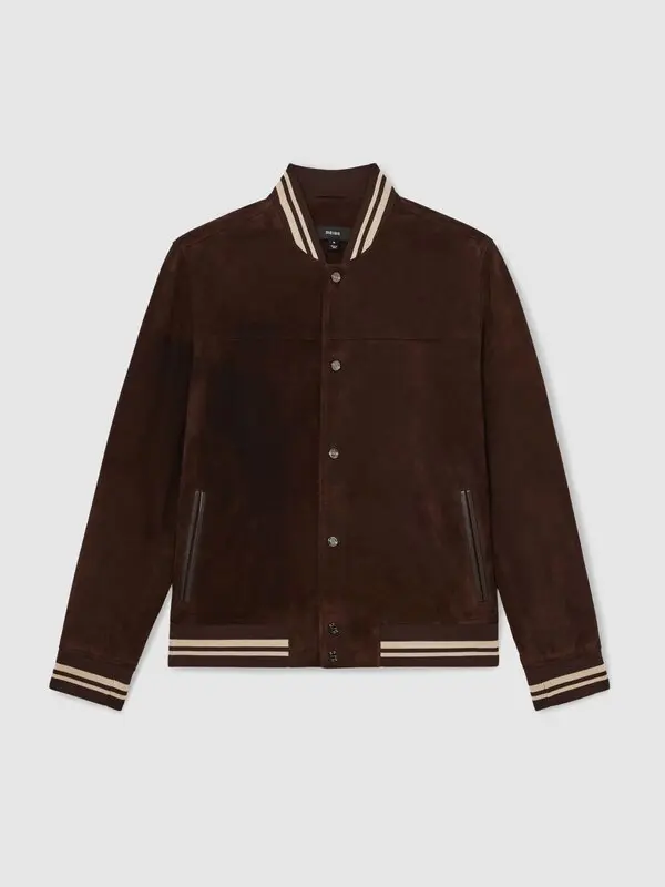 REISS Banridge Suede Bomber Jacket - Chocolate Brown