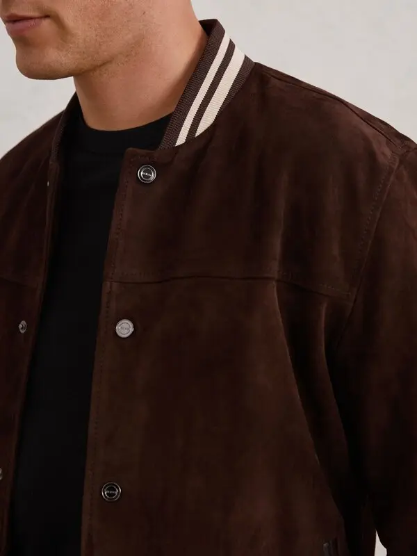 REISS Banridge Suede Bomber Jacket - Chocolate Brown