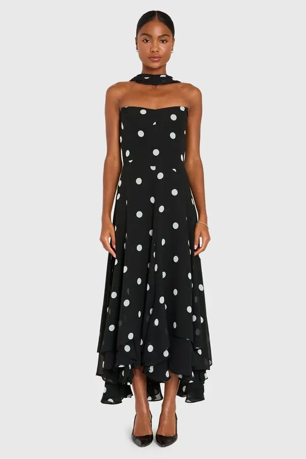 Amanda Uprichard Monterey Polka Dot Dress With Detachable Scarf - Black Ivory