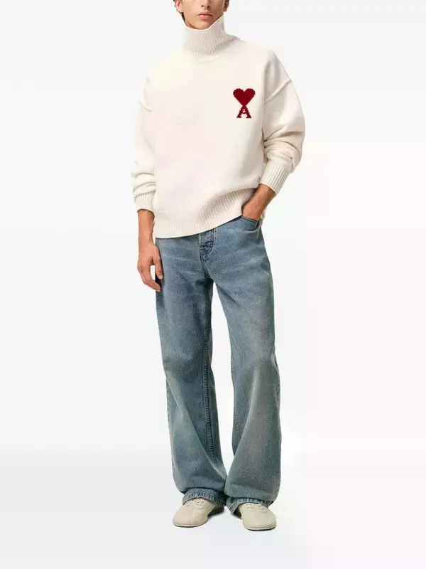 AMI Paris Natural Funell Neck Wool Sweater With De Coeur - Neutrals
