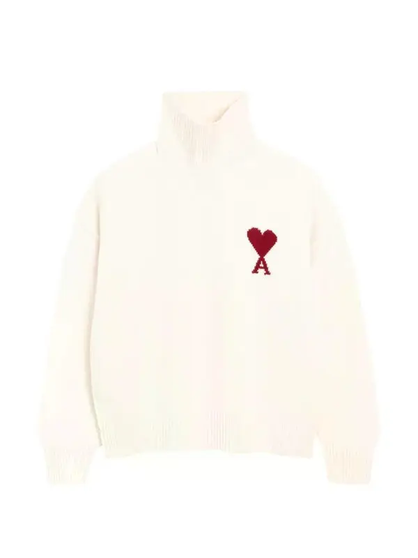 AMI Paris Funnel Neck Wool Sweater With De Coeur Motif - Neutrals