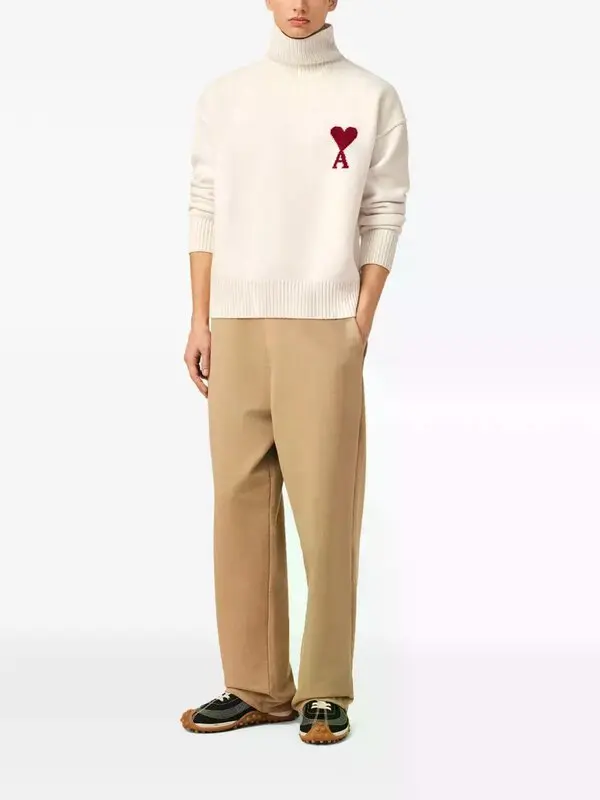 AMI Paris Funnel Neck Wool Sweater With De Coeur Motif - Neutrals